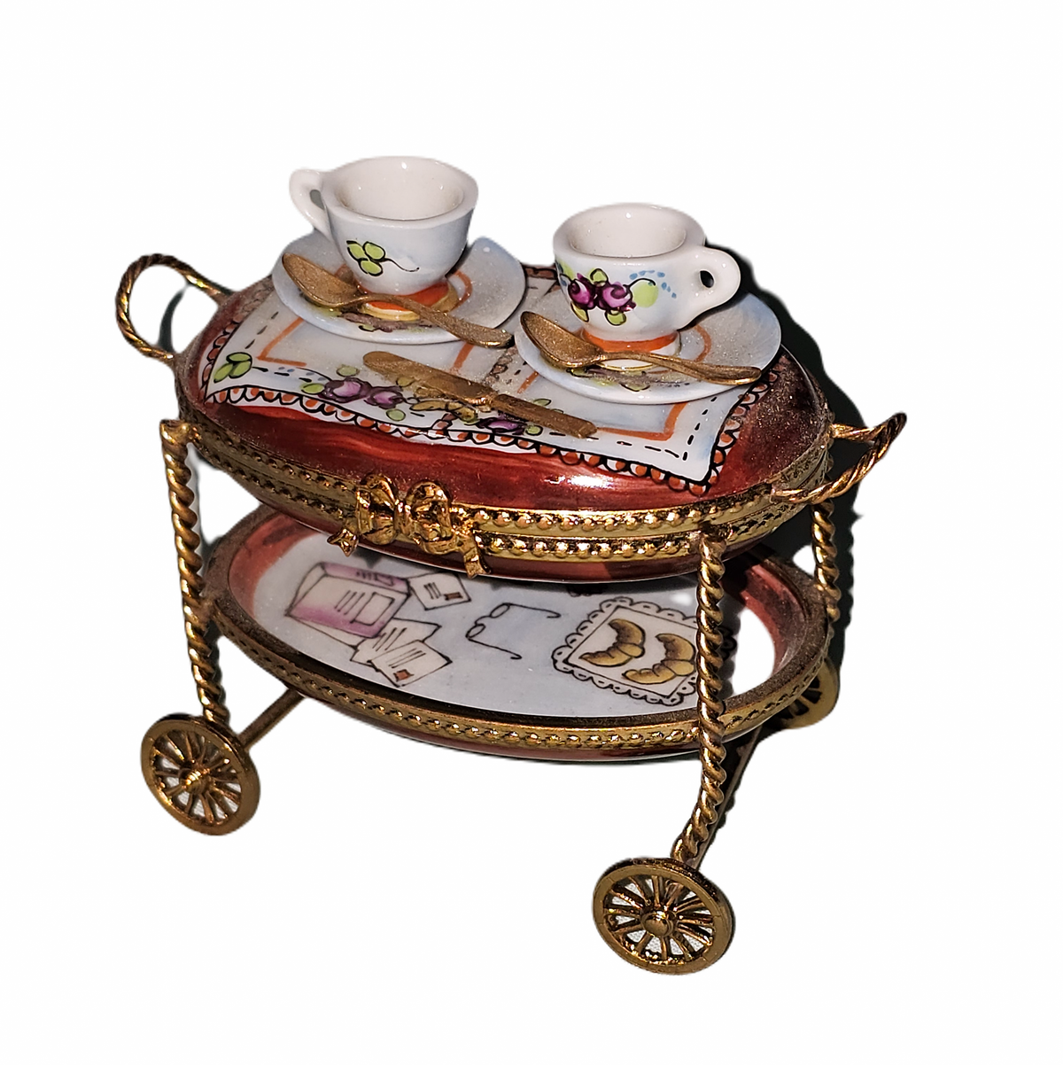 Maroon Tea Cart Limoges Box with Elegant Design