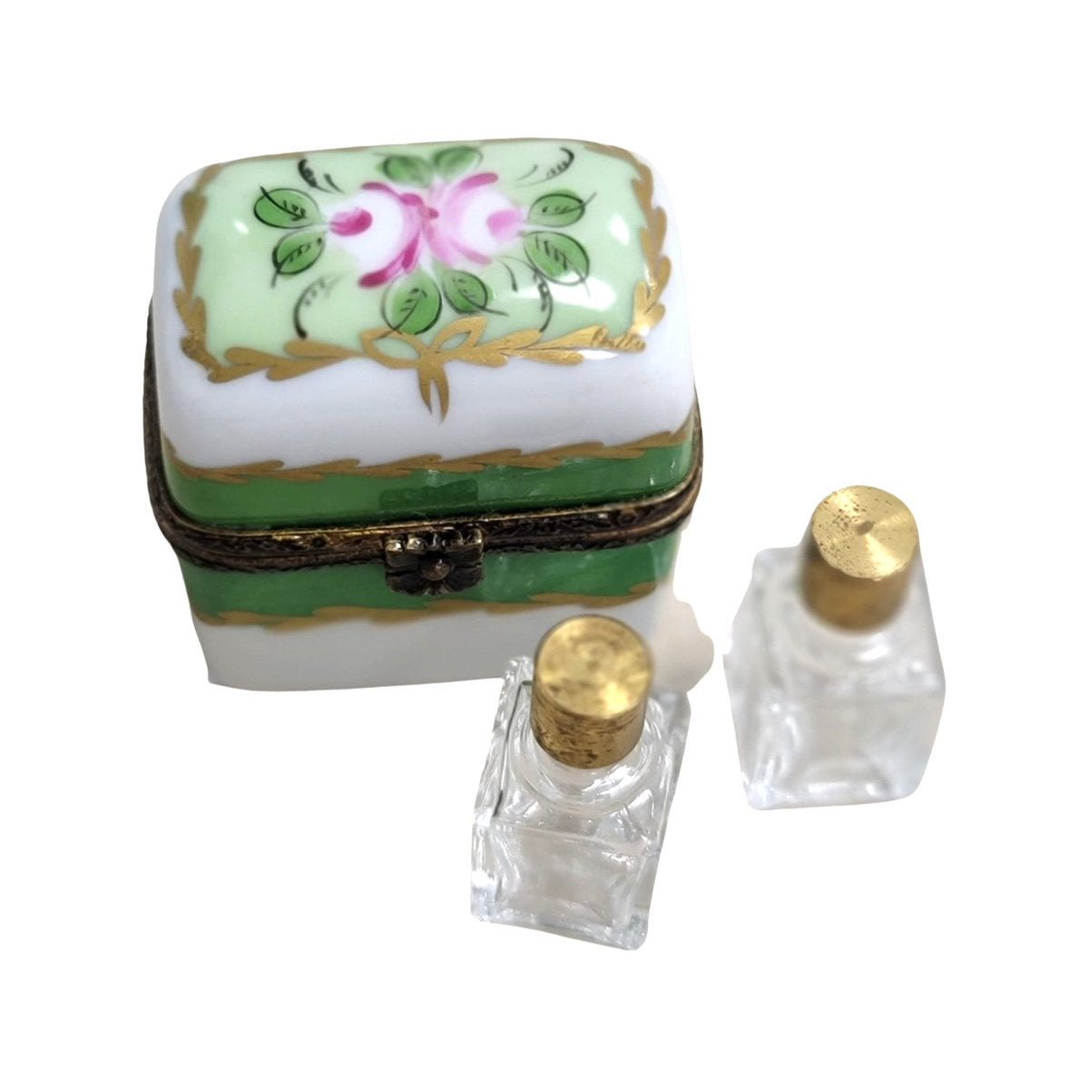 Green Rose Perfume Box - Exquisite Limoges Trinket