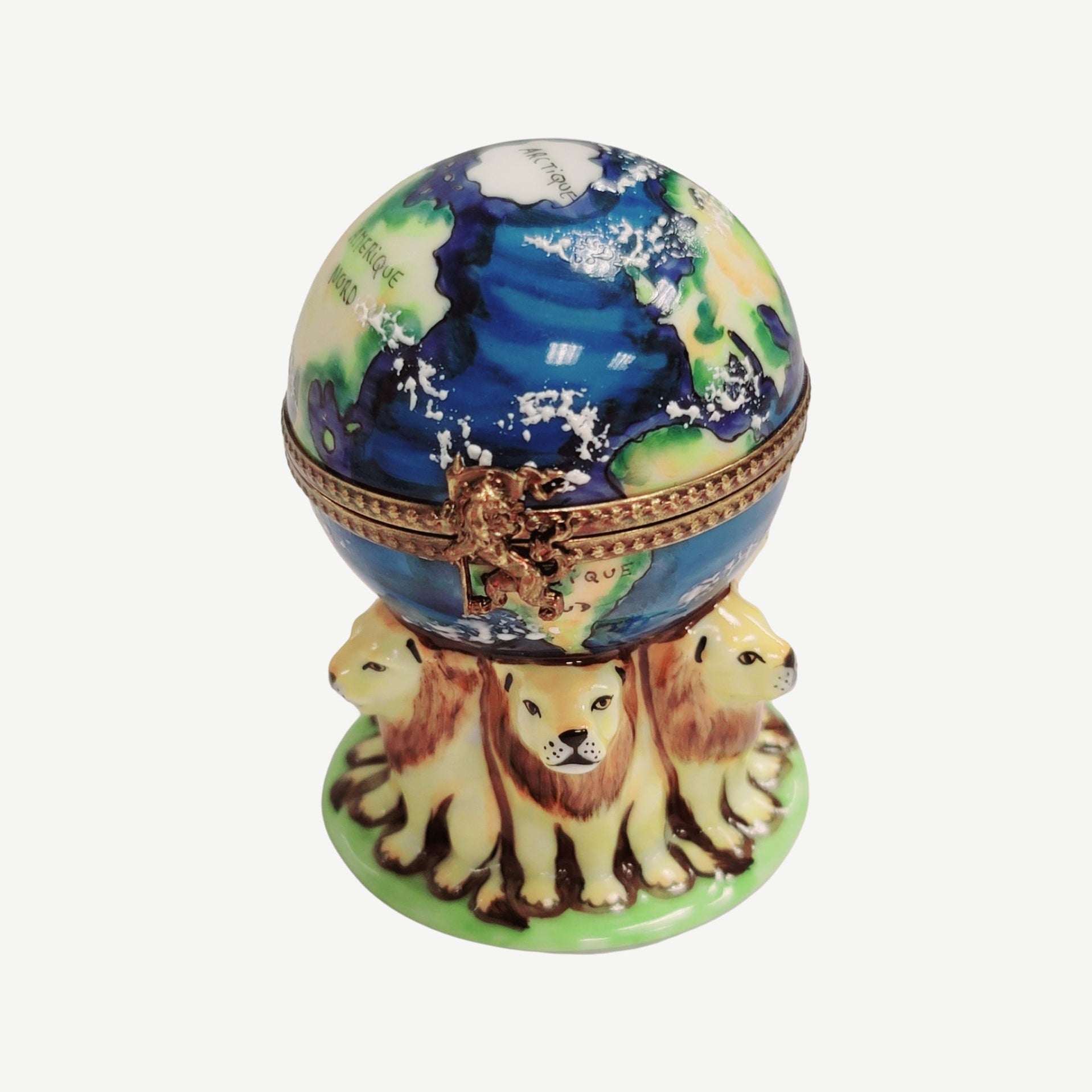 Lions Supporting World Globe Limoges Box Figurine