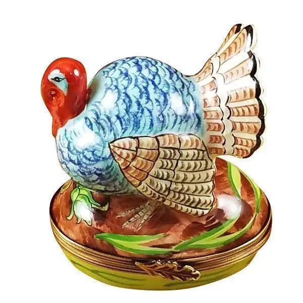 Blue Turkey with Cornstalk Limoges Box – Handcrafted French Porcelain