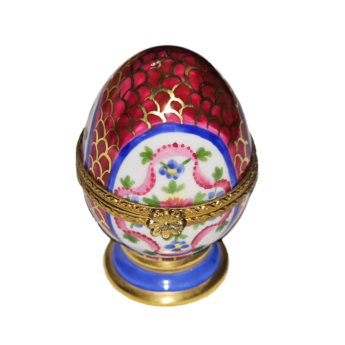 Maroon Egg Limoges Box with Gold Lattice – French Porcelain