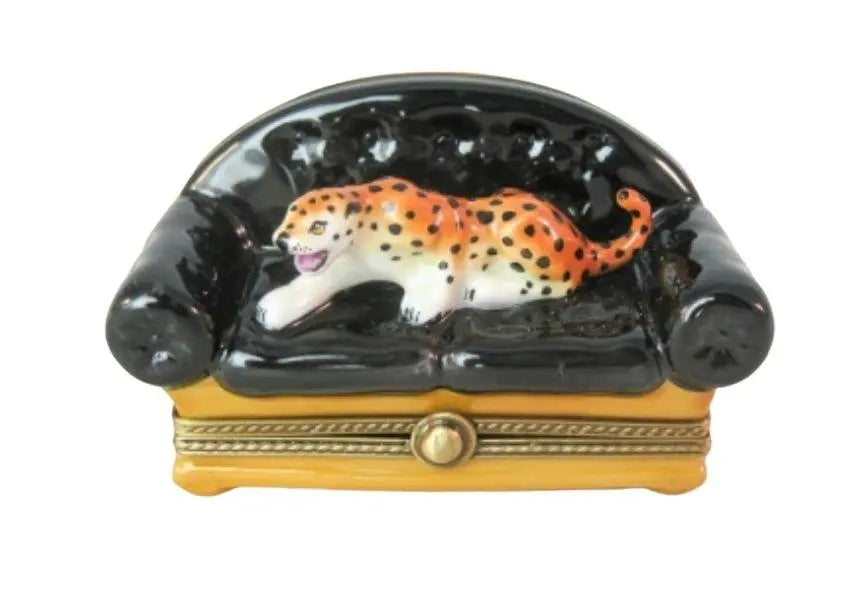 Leopard on Black Couch Limoges Box Porcelain Figurine
